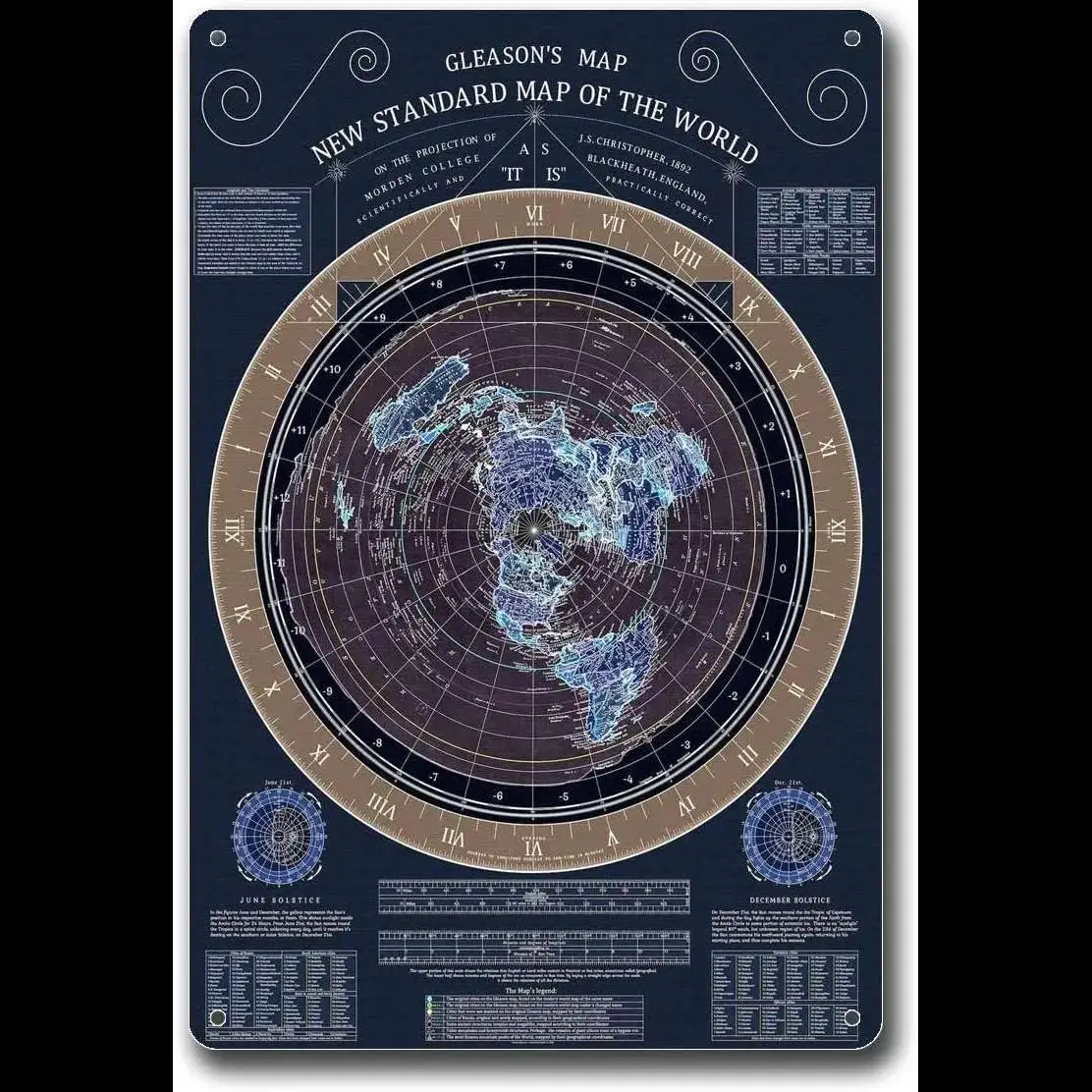 Metal-Tin-Signs-Gleason-World-Map-Flat-Earth-Map-in-Navy-and-Gold ...