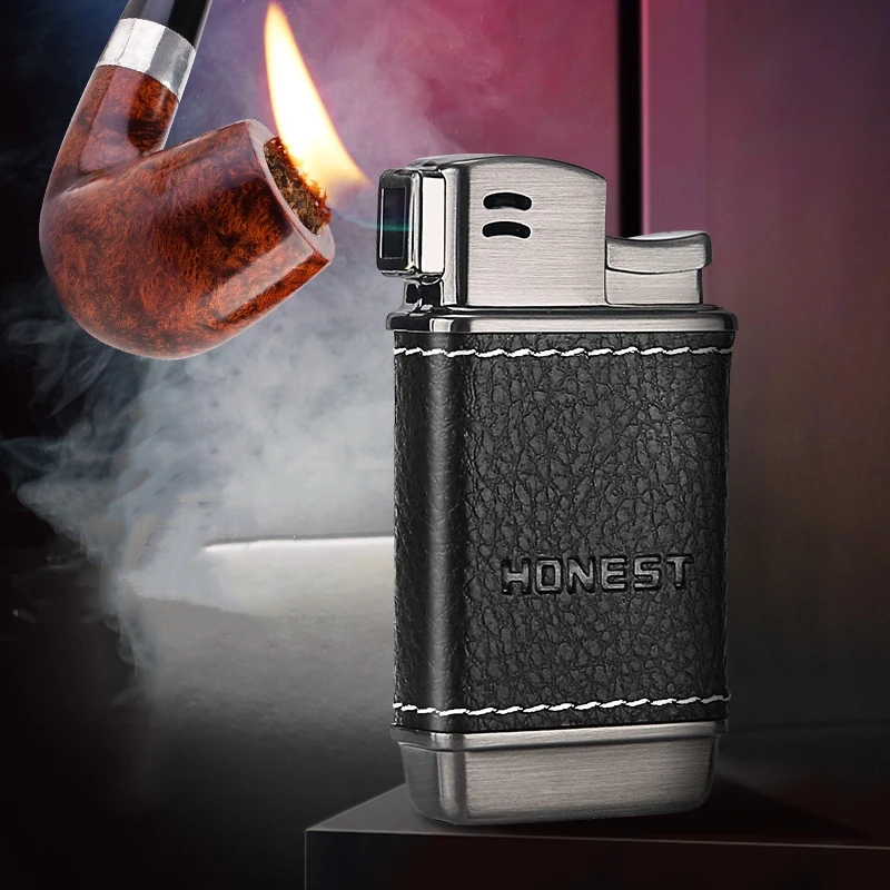 HONEST-Upscale-Genuine-Leather-Metal-Gas-Cigar-Lighter-Oblique-Out-Open ...