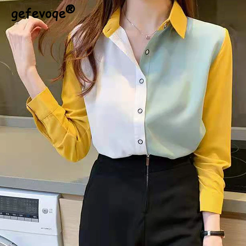 Women-Fashion-Contrast-Color-Turn-Down-Collar-Button-Shirt-Spring ...