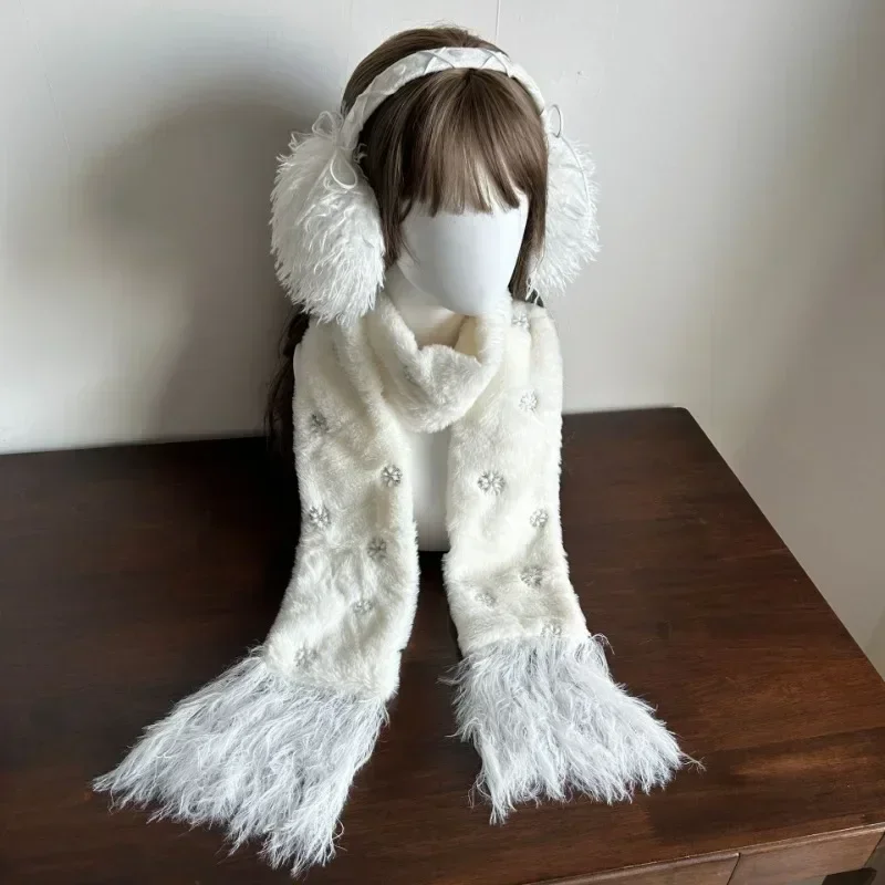 Faux Rabbit Plush Snowflake Flow Scarf Set Sweet Women Y2K Winter Warm ...