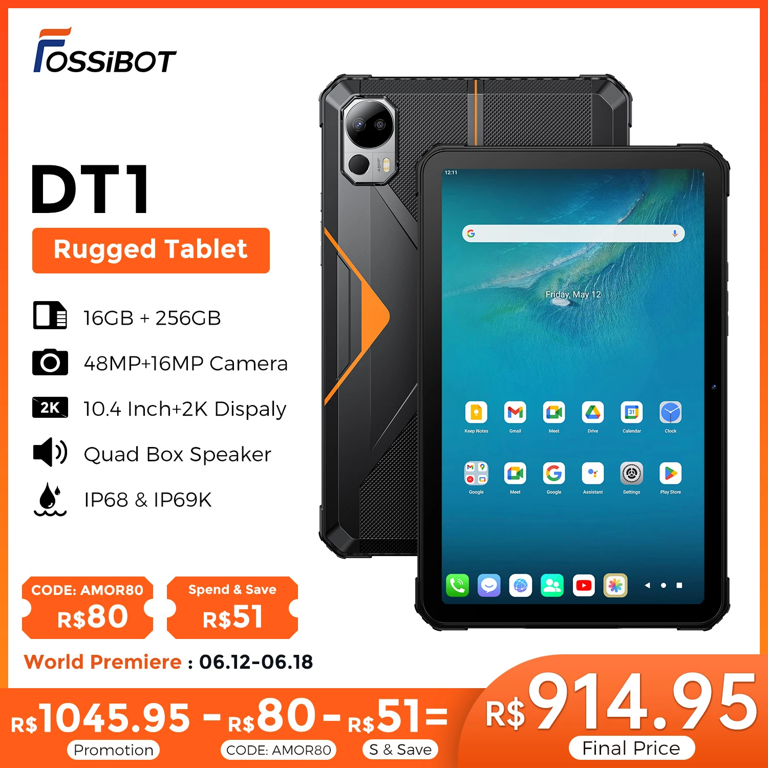 FOSSibot DT1 Tablet robusto, 10.4 '', 2K Display, 8GB, 256GB, 11000mAh, Câmera de 16MP + 48MP ...
