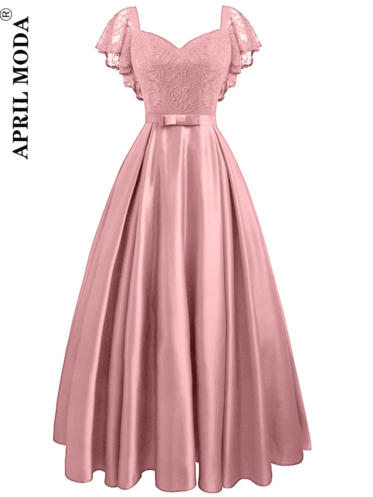 Robe-de-Soir-e-Longue-en-Satin-Rose-Manches-Volants-en-Dentelle-Florale ...