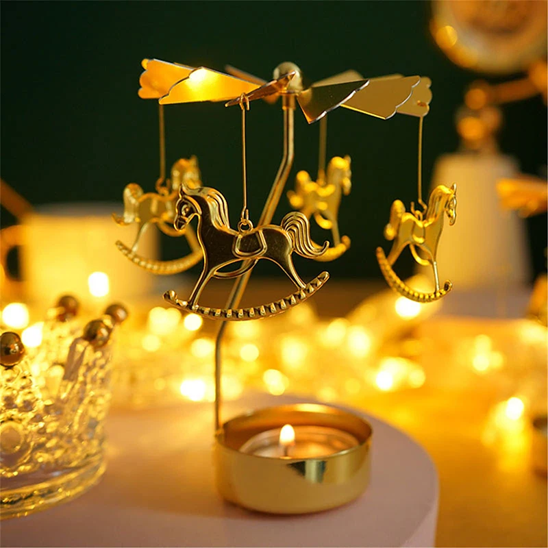 Creative Metal Candle Holder Spinning Carousel Tea Light Cup Standing ...