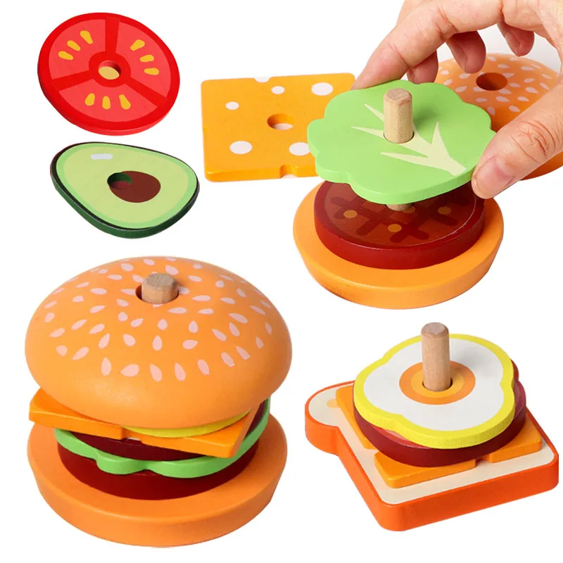 Wooden Burger Sandwich Stacking Toys Montessori Educational Toy Pretend ...