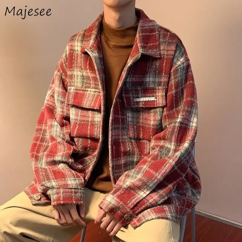 Jackets Men American Vintage Red Plaid Loose Oversize Turn down Collar ...