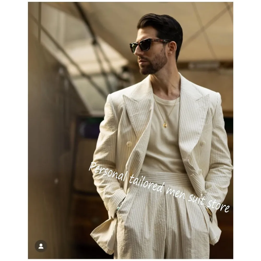 Summer Seersucker Men Suits Stripe terno masculinos completo Wedding ...