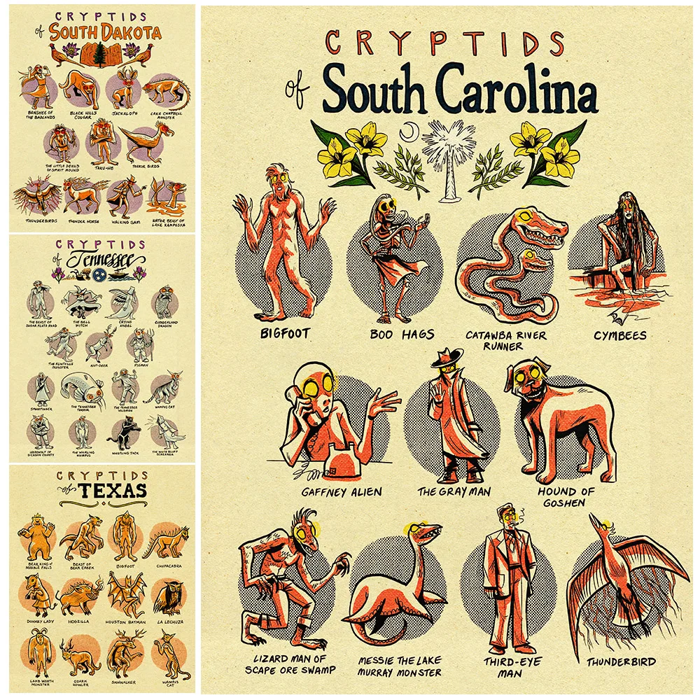 Cryptids-Of-South-Carolina-Texas-And-Wisconsin-Vintage-Wall-Art-Canvas-Print-Monsters-In ...