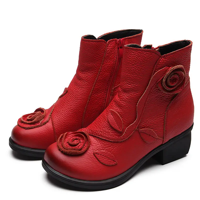 Red-Heel-Shoes-For-Women-Authentic-Leather-Ankle-Boots-Vintage-Low ...