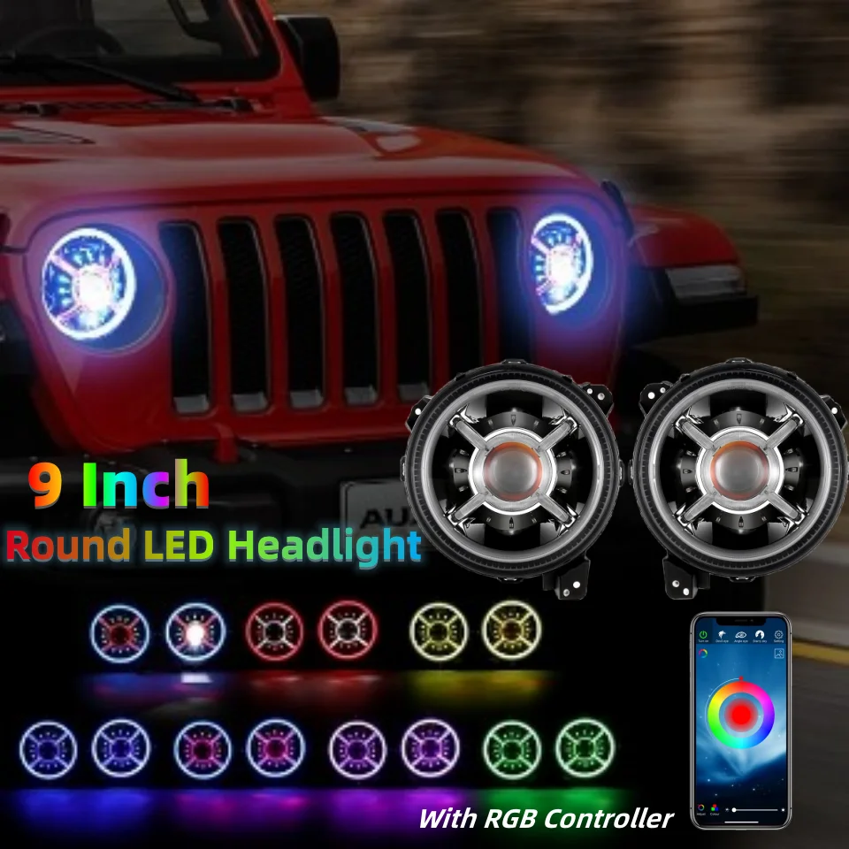 2Pcs 9 Inch Round LED Car Headlights With RGB Controller for Jeep ...