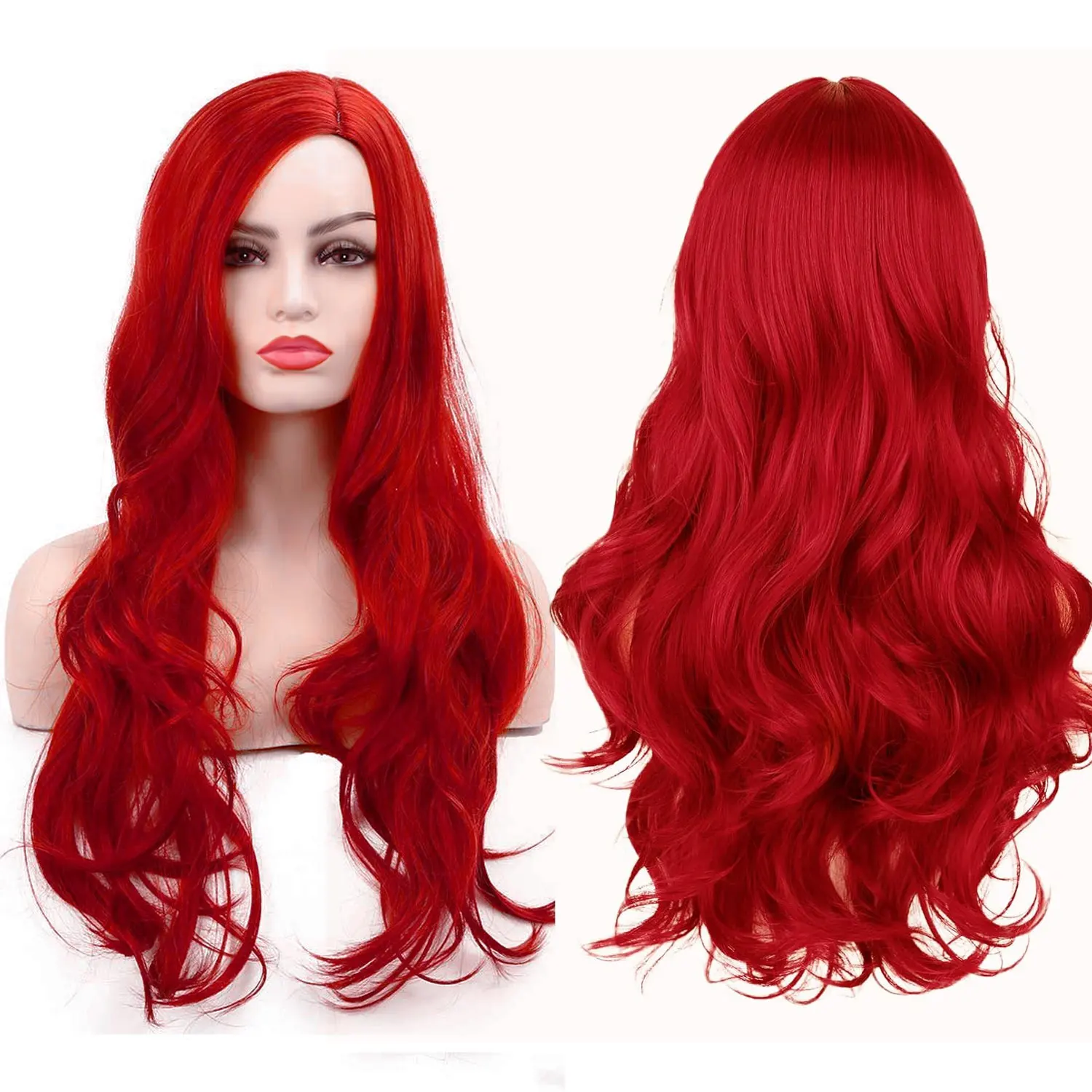 Red Wig With Bangs wavy Synthetic Red Mermaid Curly Wig Long Cosplay ...