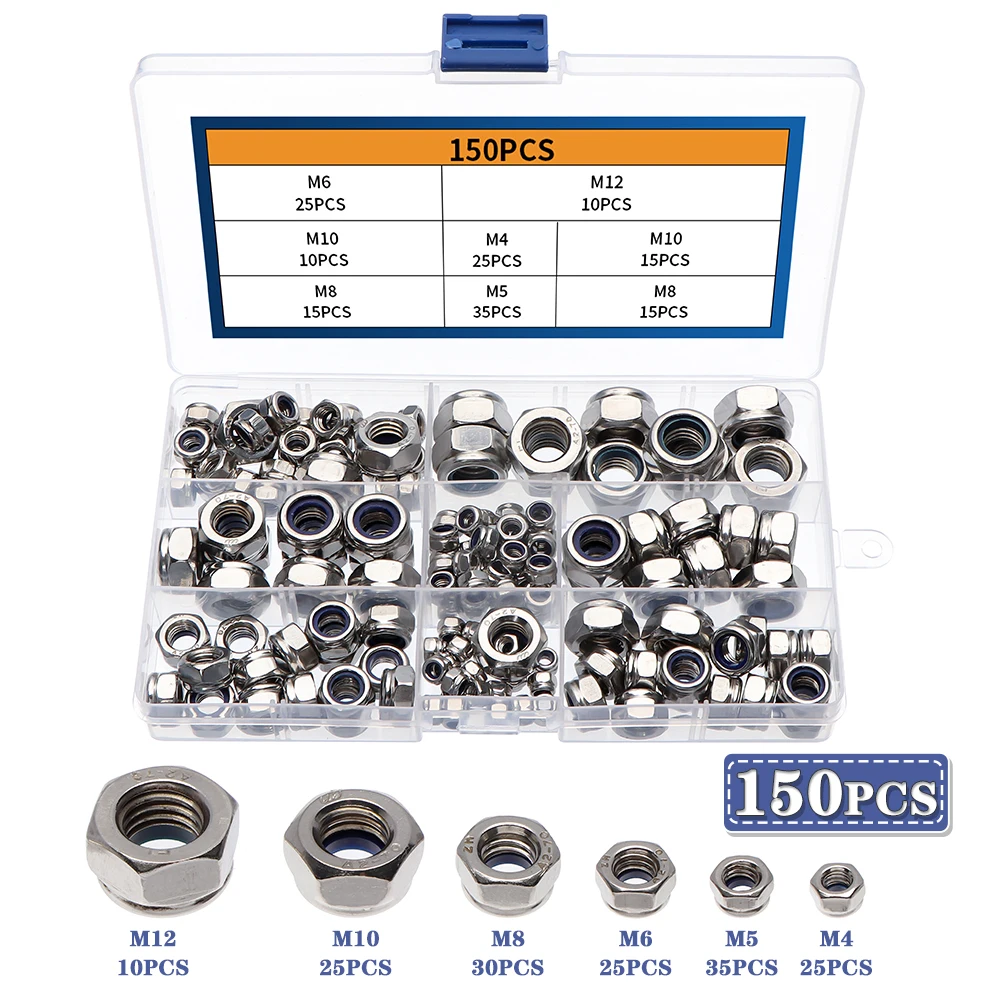 150/182Pcs M3 M4 M5 M6 M8 M10 M12 Nylon Self locking Nuts 304 Stainless ...