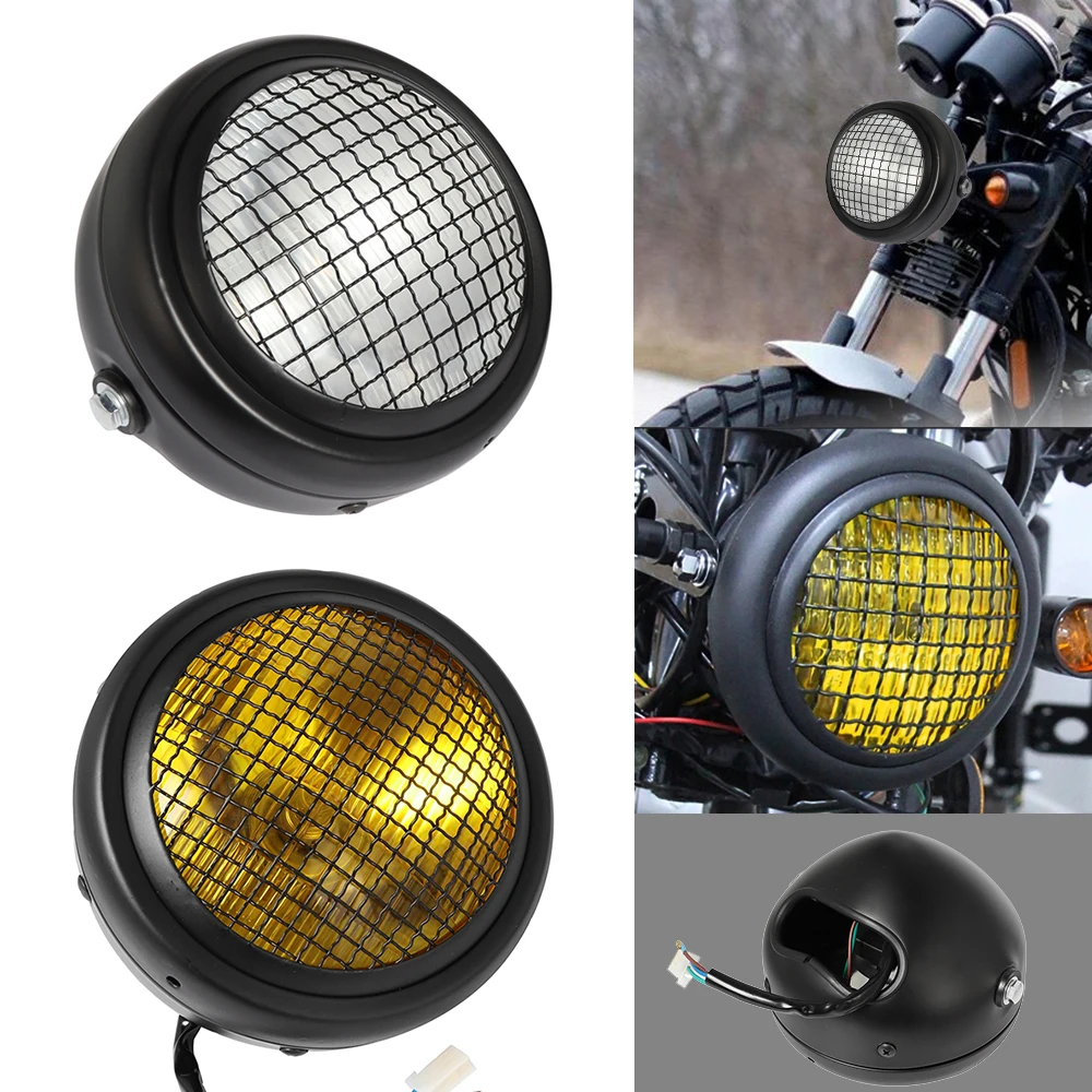 Black-Retro-Round-Motorcycle-Grill-Headlight-Motorbike-Front-Headlamp ...