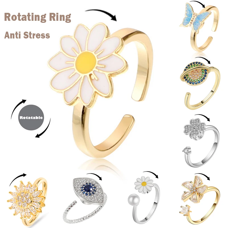 Anti Stress Anxiety Rings For Women Rotating Daisy Butterfly Planet ...