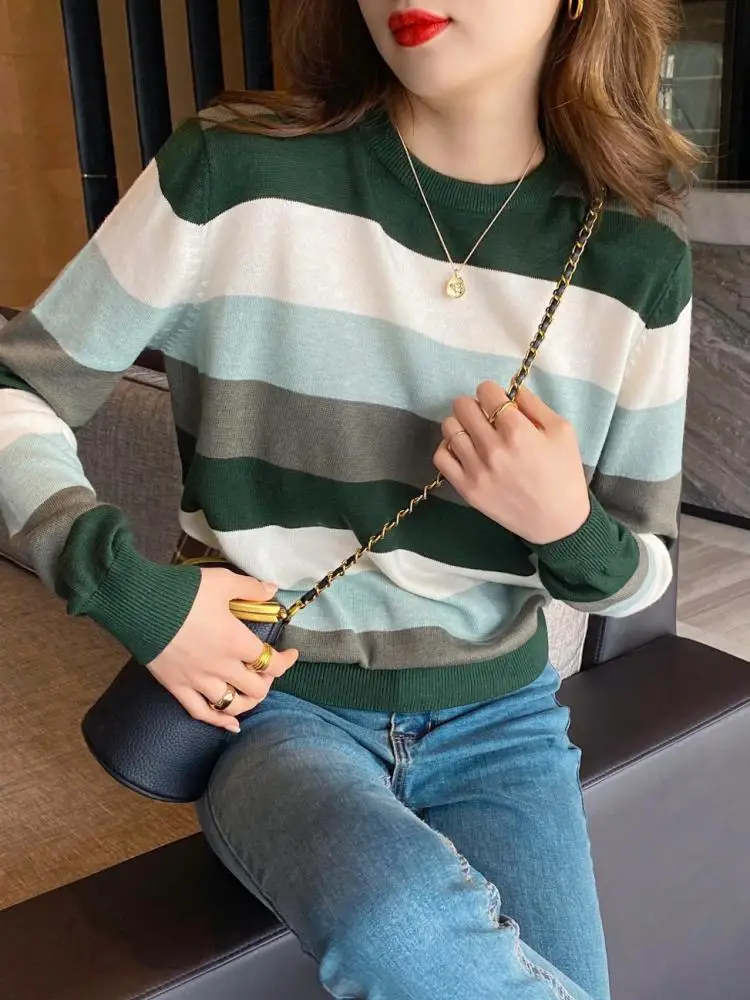 Autumn-Winter-Women-Sweaters-Long-Sleeve-Knitted-O-Neck-Striped ...