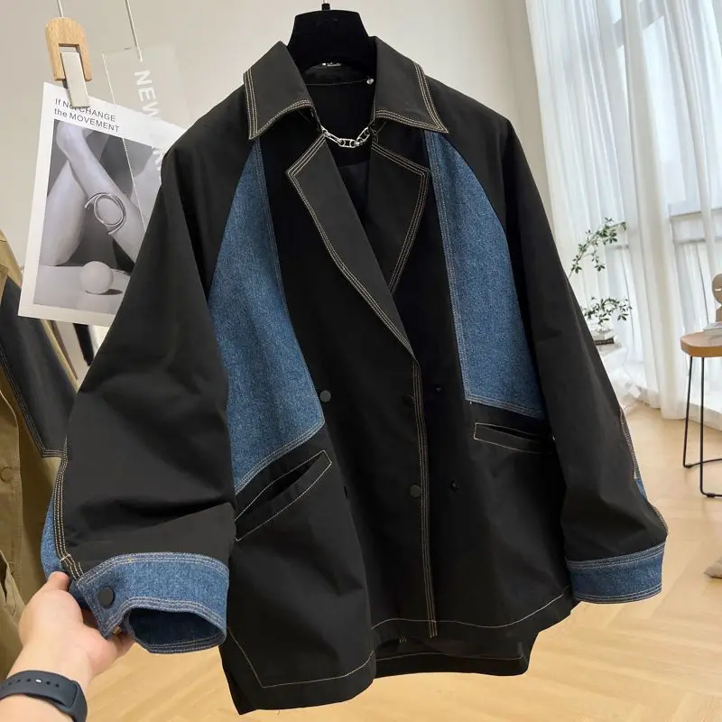 2024-New-Korean-Denim-Stitching-Long-Sleeve-Jacket-Coat-Women-Fashion ...