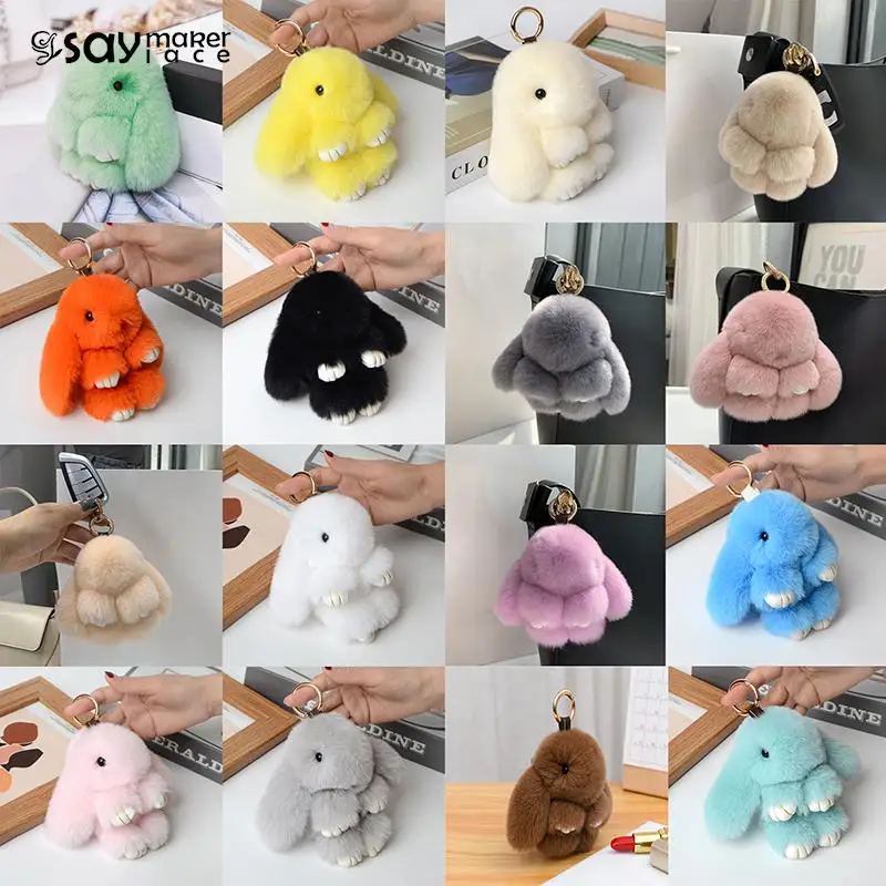 1PCS 10CM Mini Fluffy Real Pompon Bunny Keychain Women Girls Cute Plush ...