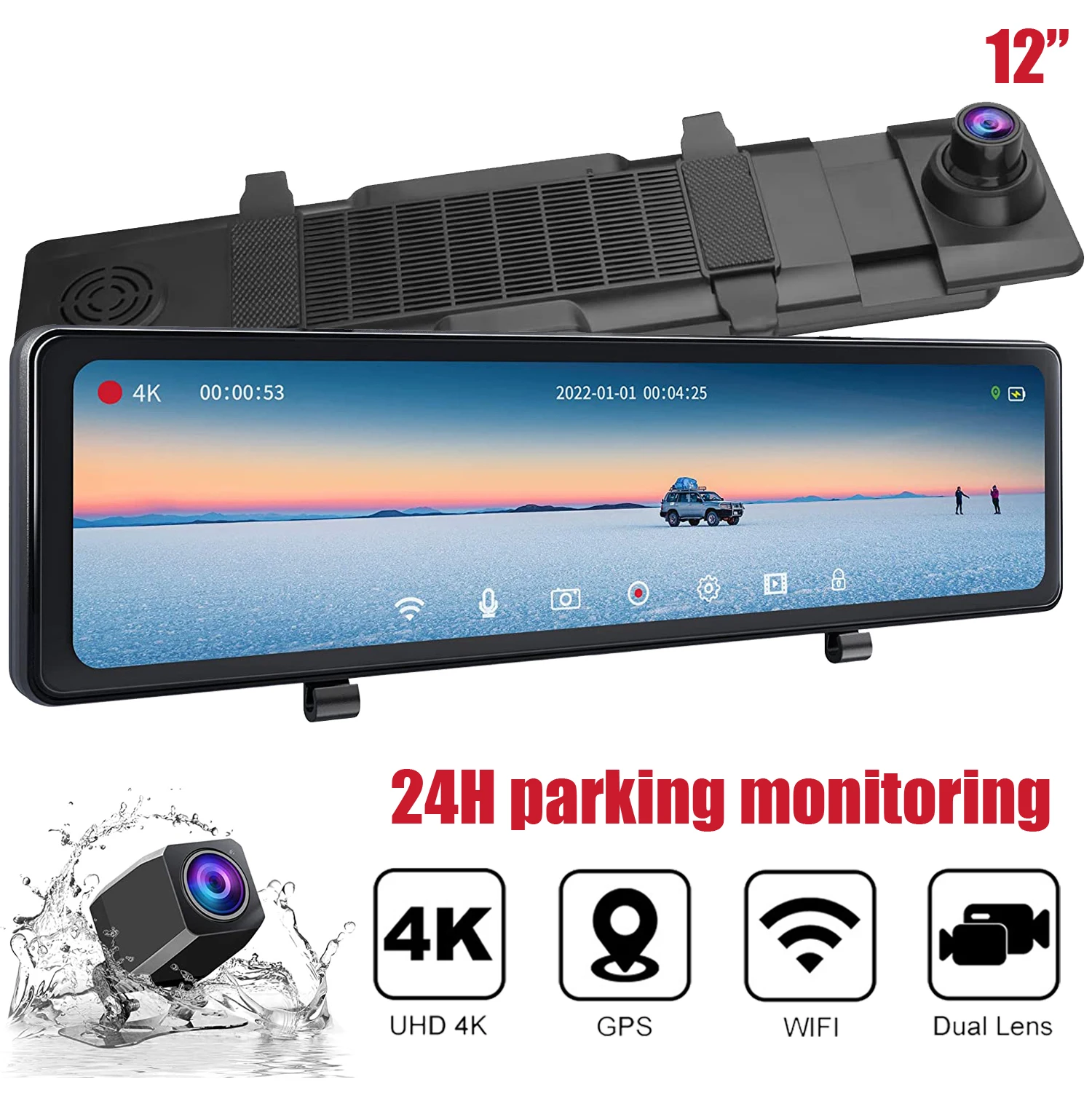 ADDKEY 12-inch Car DVR 4K WiFi GPS Dual Rear Camera Right Lens Video ...