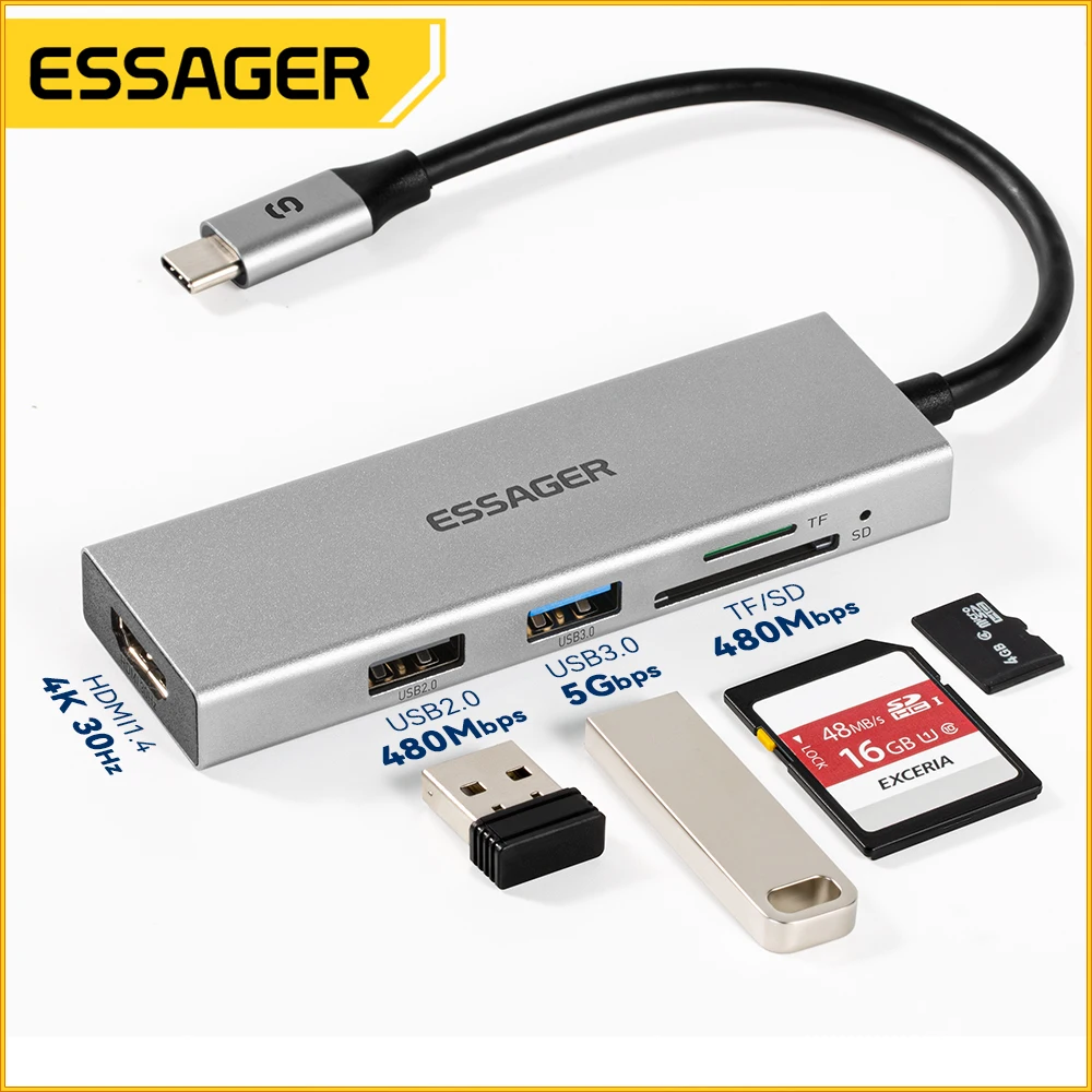Essager-concentrador-de-red-USB-tipo-C-5-en-1-compatible-con-HDMI ...