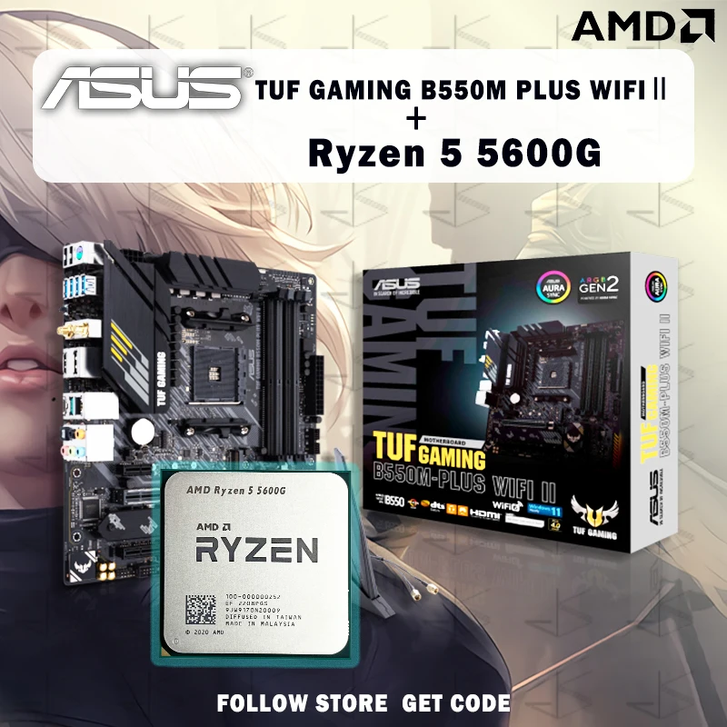 AMD Ryzen 5 5600G R5 5600G CPU + ASUS TUF 게이밍 B550M 플러스 (와이파이) II Micro ATX B550M 마더보드, 쿨러 없음 ...