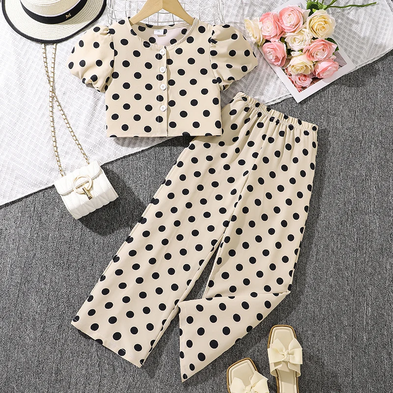Korean Style Outfit Beige Polka Dotted Puff-Sleeve Short T-shirt ...