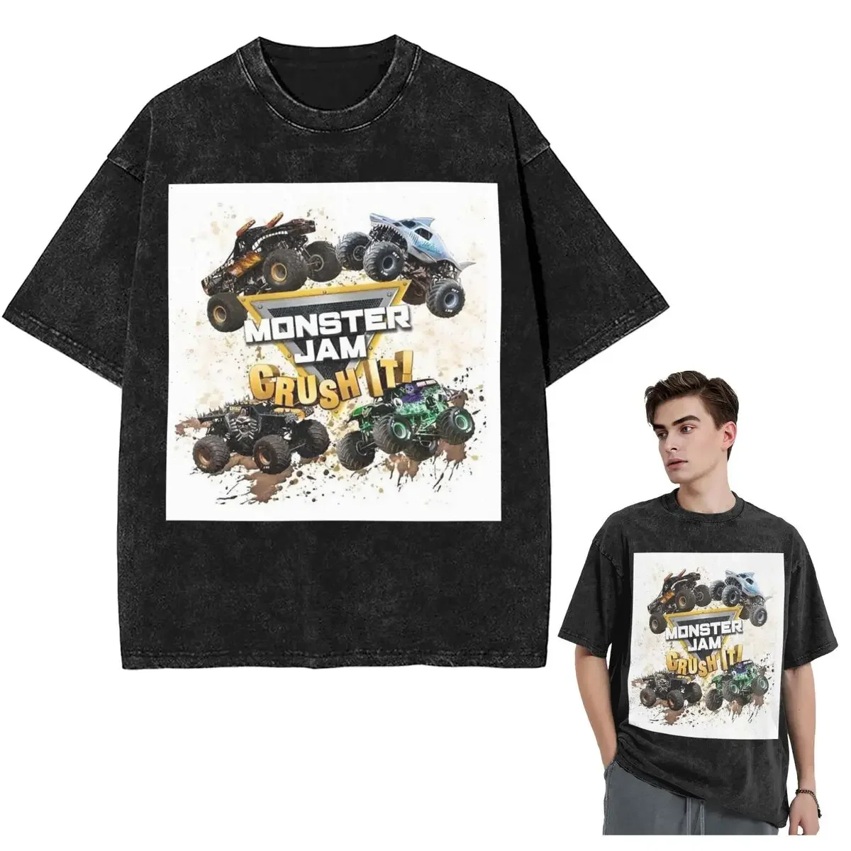 Streetwear T-Shirts Classic Monster Jam Truck Pattern Washed T Shirt ...