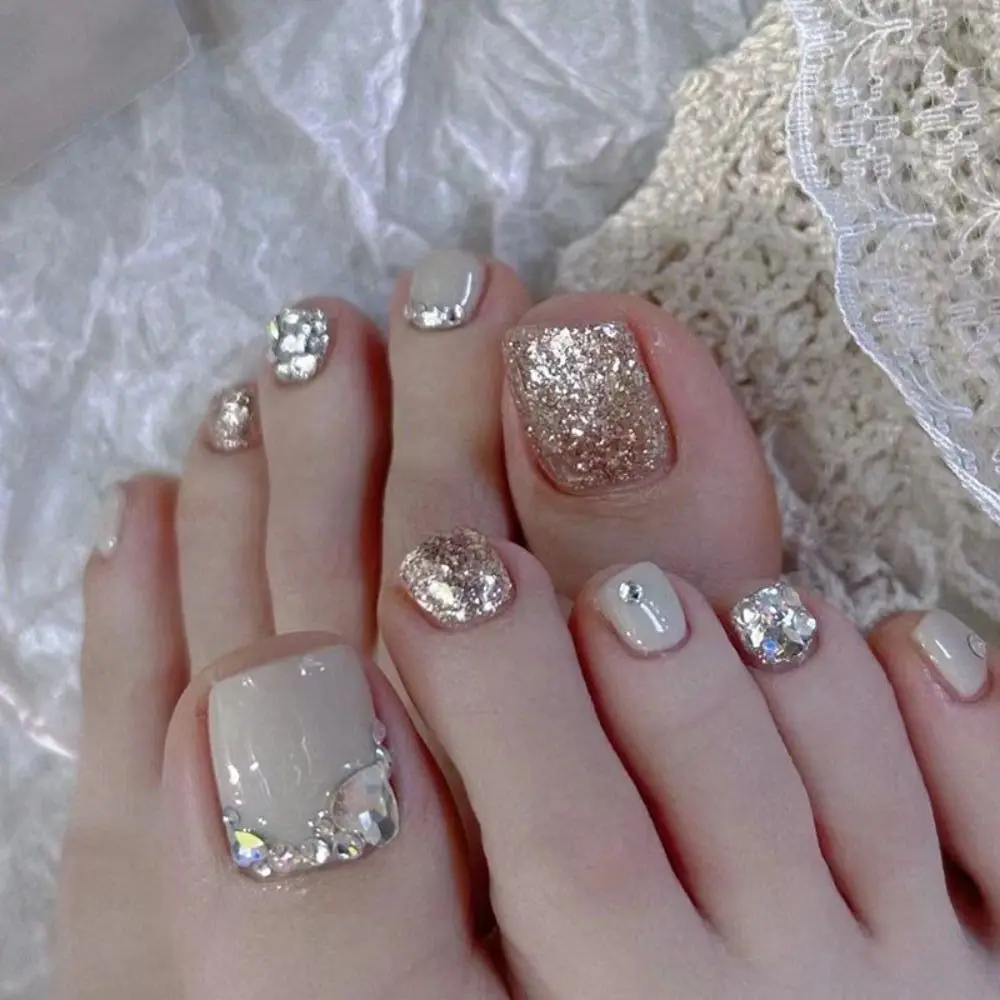 Hot-Sale-Gold-Shining-Crystal-Fake-Toenails-Full-Cover-Short-Square ...