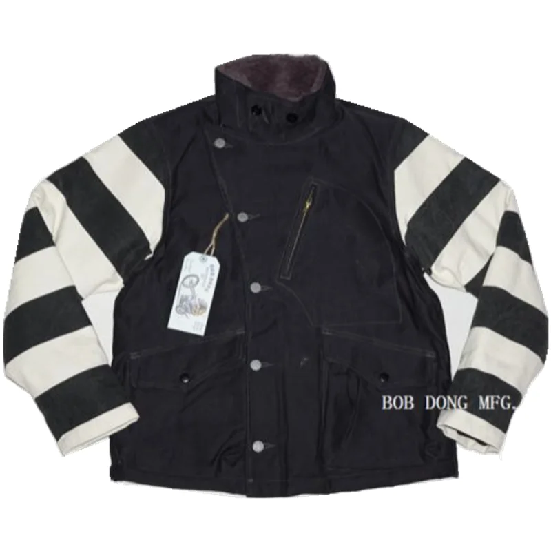 BOB DONG Vingtage Men's Motorcycle Prison Striped Patchwork Jacket ...