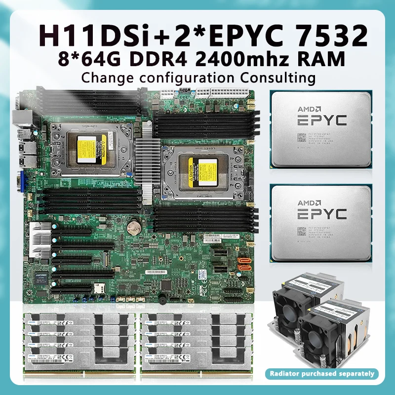소켓 SP3 마더보드용 H11DSi + 2 * EPYC 7532 32C/64T 200w TDP CPU 프로세서 + 8*64GB = 512GB RAM DDR4 2400mhz ...