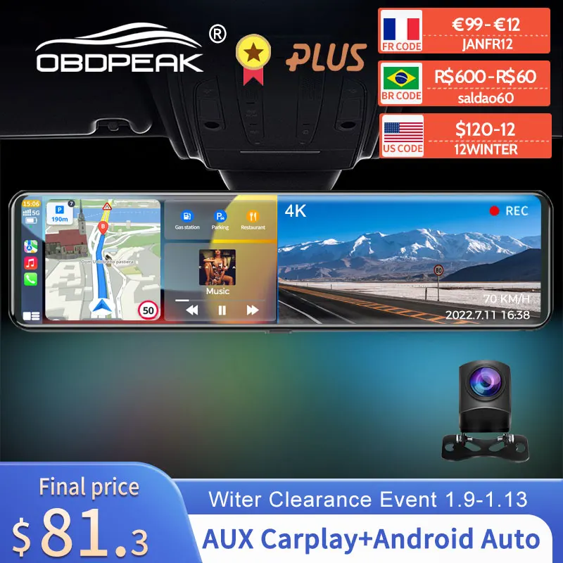 Obdpeak K4 12 Inch Carplay & Android Auto 4k 2160p Wifi Dash Cam Rearview Mirror Car Dvr Gps ...