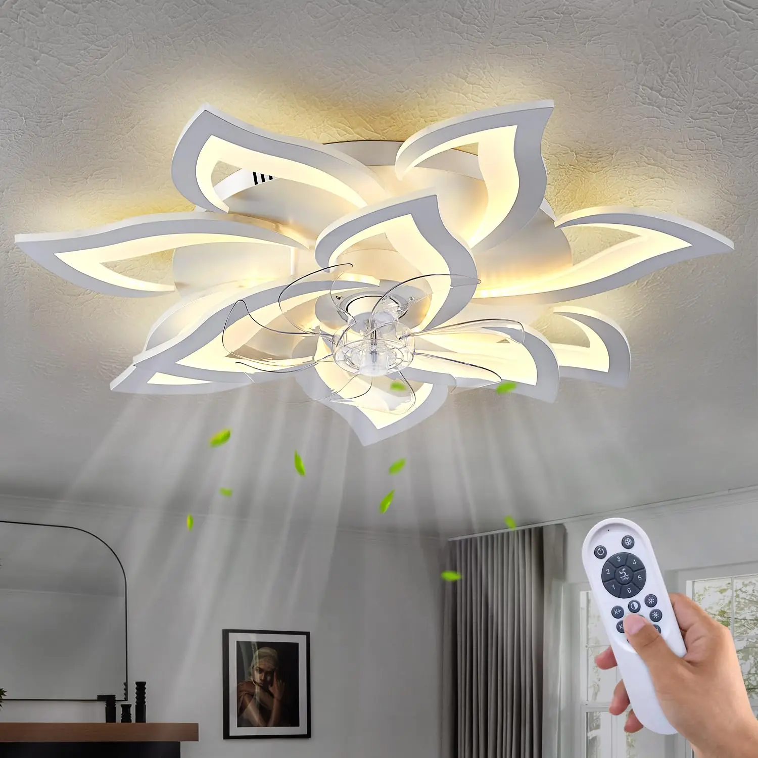 Ceiling Fan With Light, Modern Embedded Flower Dimming LED Ceiling Fan ...