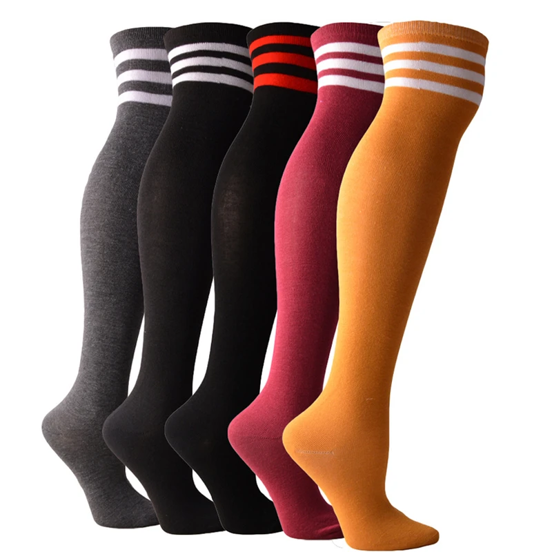 Women-Girls-Long-Tube-Socks-Stripes-Over-Knee-Length-Sports-Stockings ...
