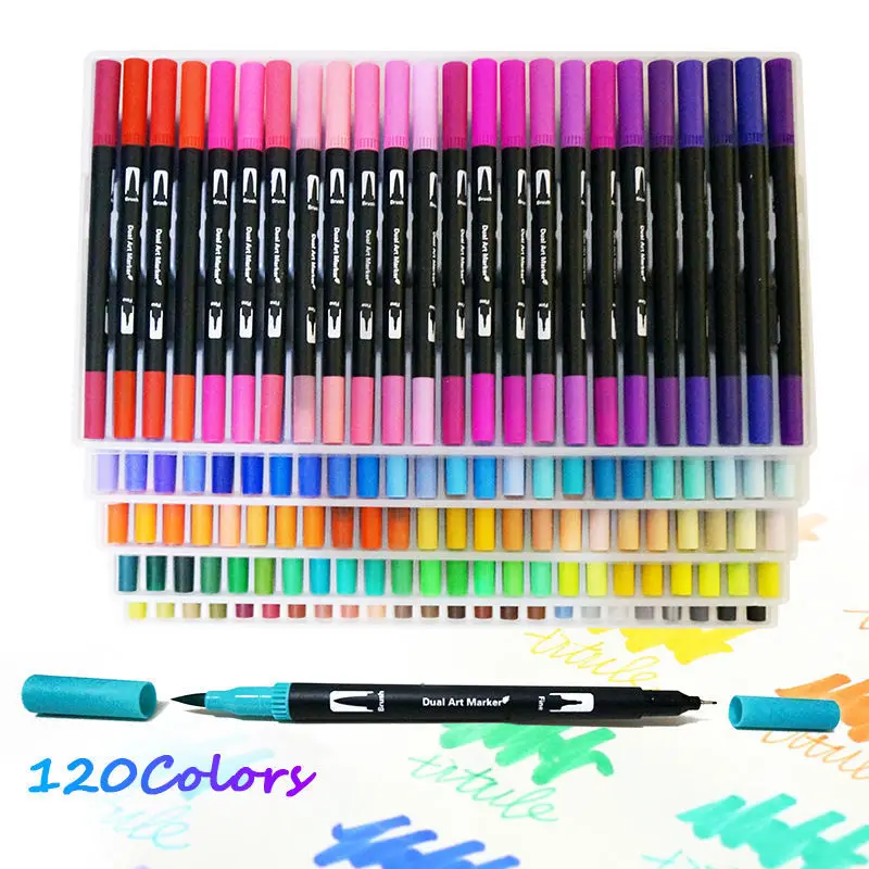120-Colors-Dual-Color-Marker-Brush-Pen-Art-Drawing-Student-Comic-Set ...