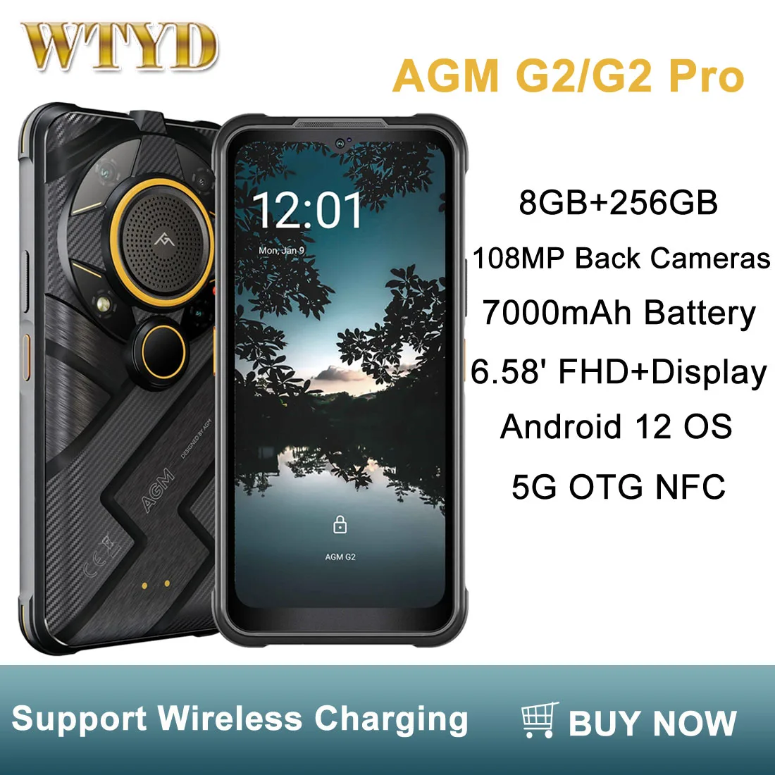 AGM G2/G2 Pro 5G 견고한 휴대폰 적외선 야간 투시경 카메라, 8GB + 256GB, 7000mAh, 6.58 ''안드로이드 12 NFC 전화 지원, 무선 충전 ...