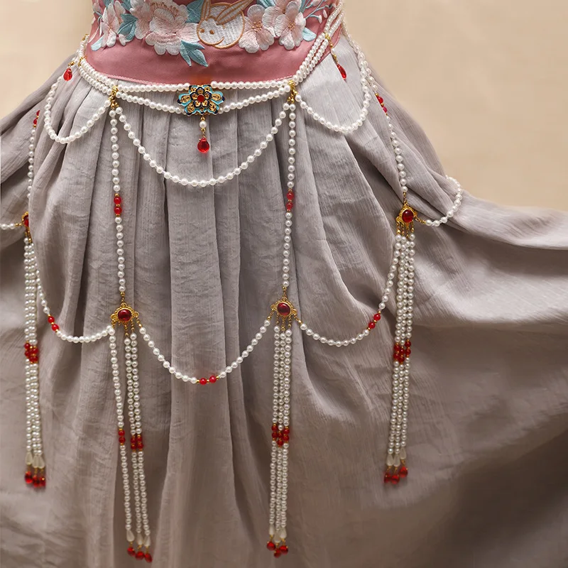 Chinese Ancient Style Long Tassel Pearl Waist Belt Tang Dynasty Hanfu ...