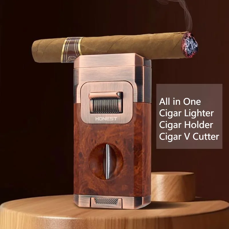Unique Cigar Lighter With V Cutter Cigar Holder Double Jet Flame Butane ...