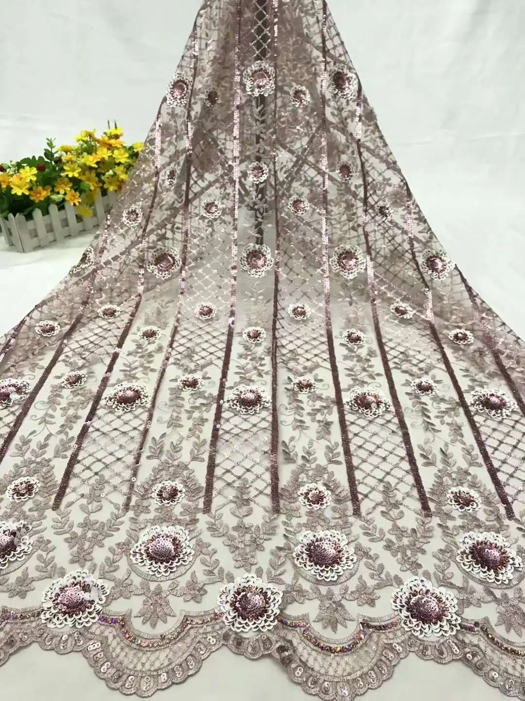 African-Mesh-Lace-Fabric-Nigerian-Tulle-Sequins-Craft-Stack-Flowers ...