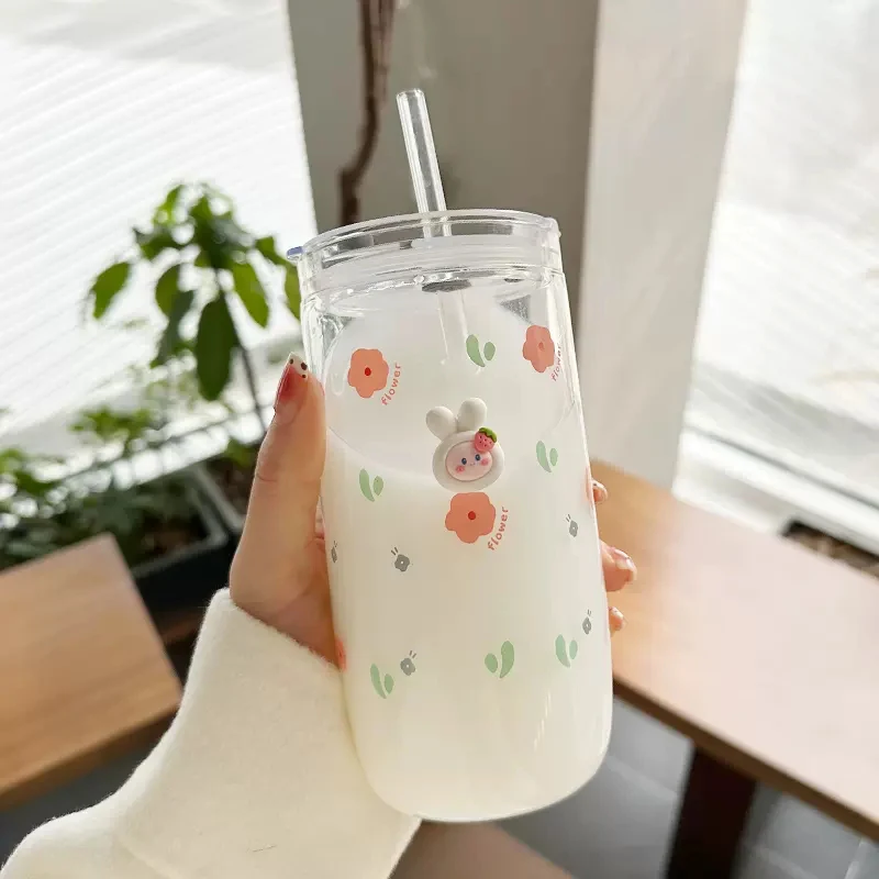 귀여운 꽃 유리 컵 뚜껑 빨대 포함 귀여운 오렌지 커피 머그잔 우유 뜨거운 음료 한국 물 주스 차 컵 음료용기 선물