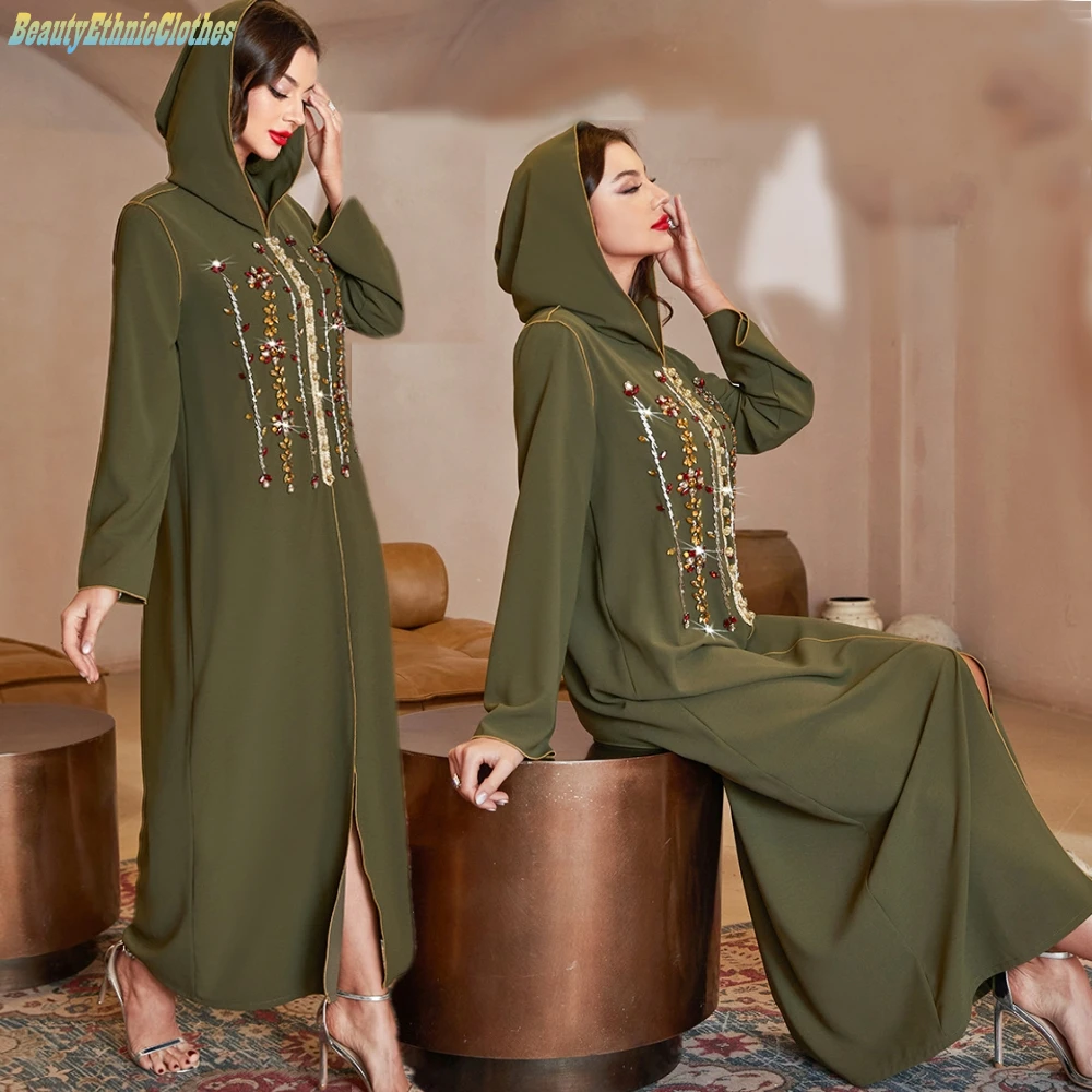 Ramadan EID Robe Hoodie Hijab Abaya Dress Arab Rhinestone Gown Turkey ...