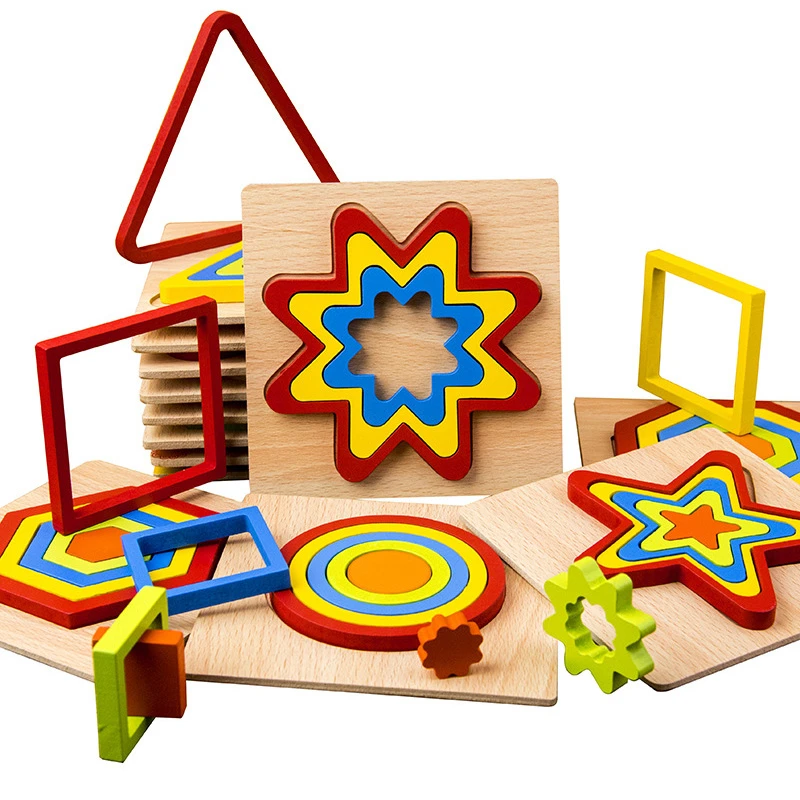 1PCS Wooden Geometric Shapes Cognition Puzzle Board 3D Wood Puzzle Toys ...