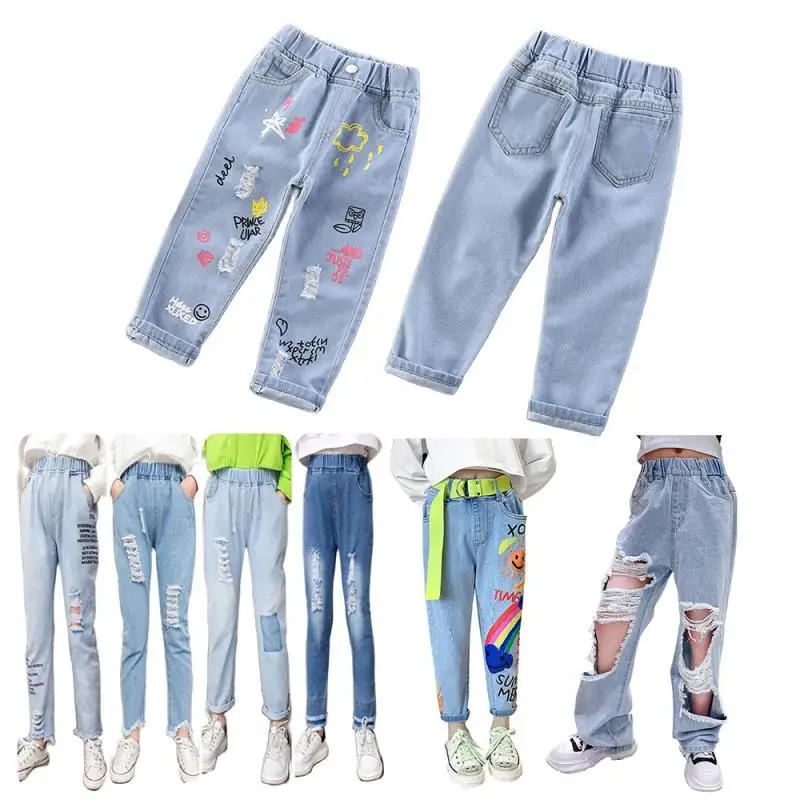 Kids-Girls-Jeans-Floral-Cartoon-Long-Pants-Spring-Autumn-Graffiti ...