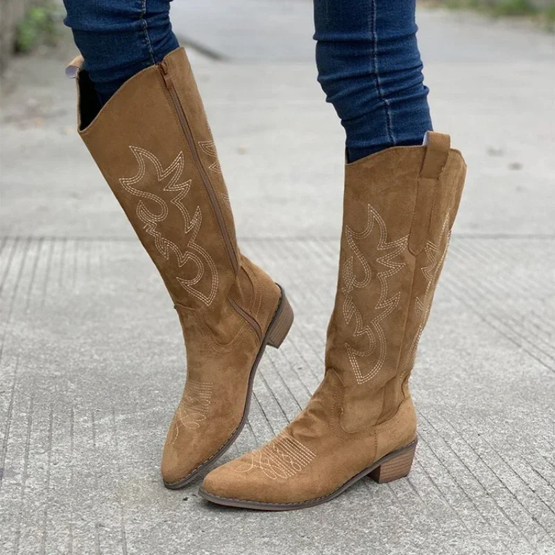 Women-s-Boots-Embroidered-Western-Cowboy-Boots-Block-Heels-Knee-High ...