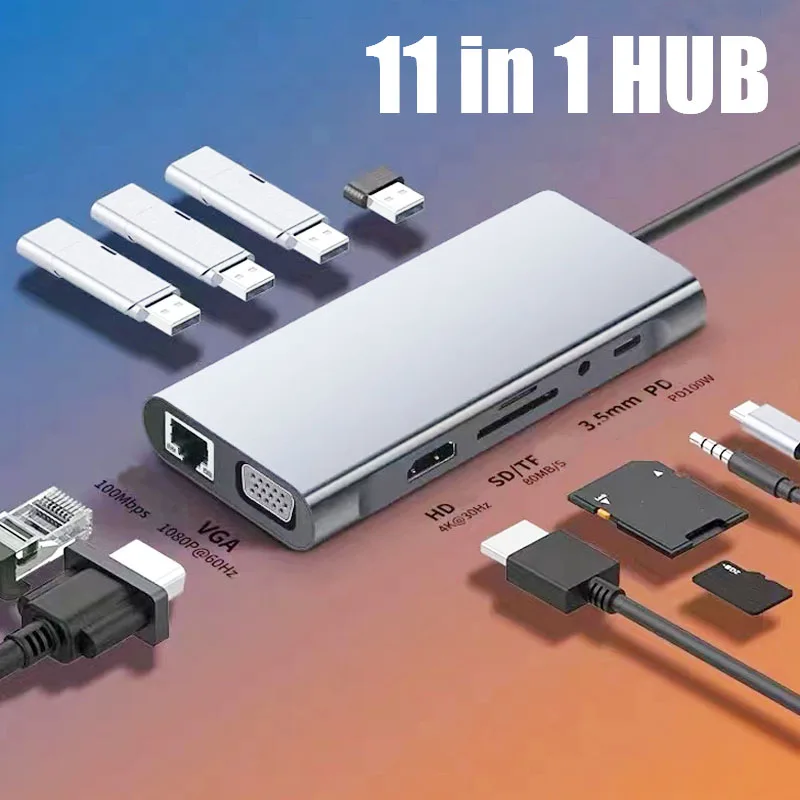 HUB To HDMI-compatation Adapter USB 3.0 VGA PD RJ45 TF/SD Reader ...
