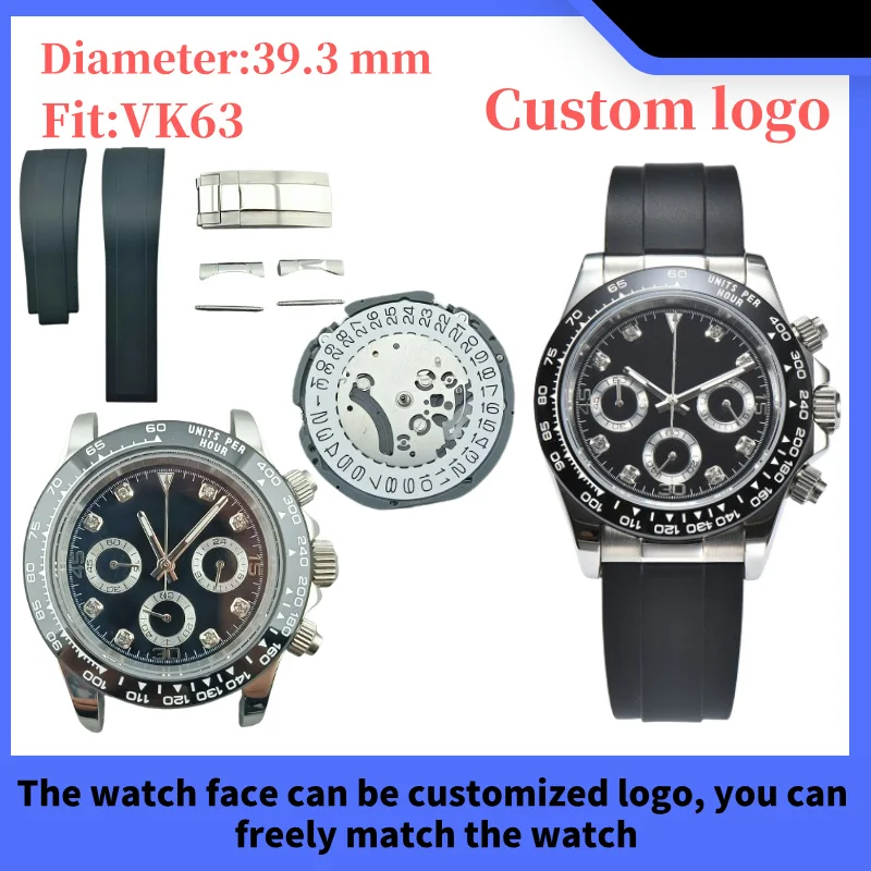 39.3mm VK63 Silver Watch case 316L stainless steel sapphire glass ...