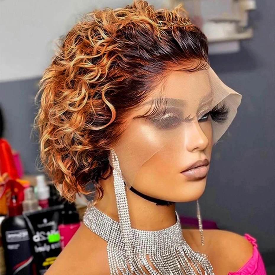 Pixie Cut Wig 1B 30 Brown Color Lace Wig Spring curl Short Bob Human Hair Wig For Women Natural ...