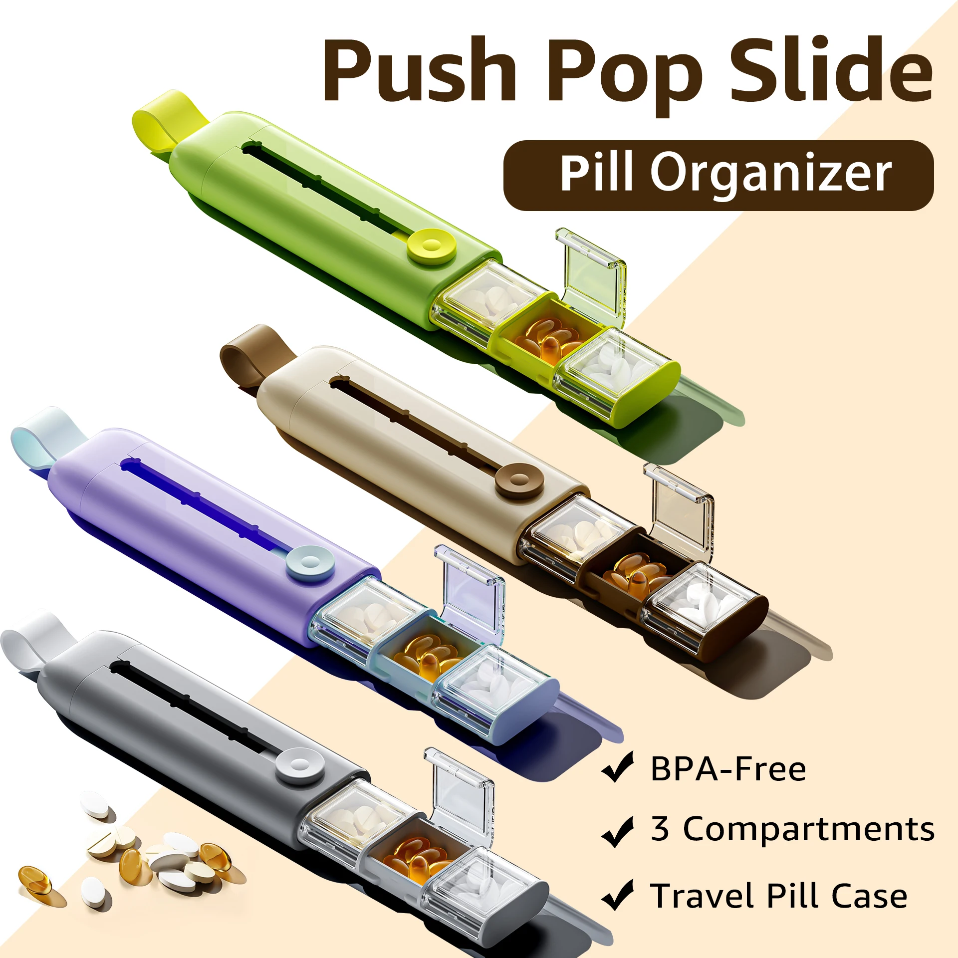 Push Pop Slide Pill Organizer 3 Compartments Anti-Spill Travel Pill ...