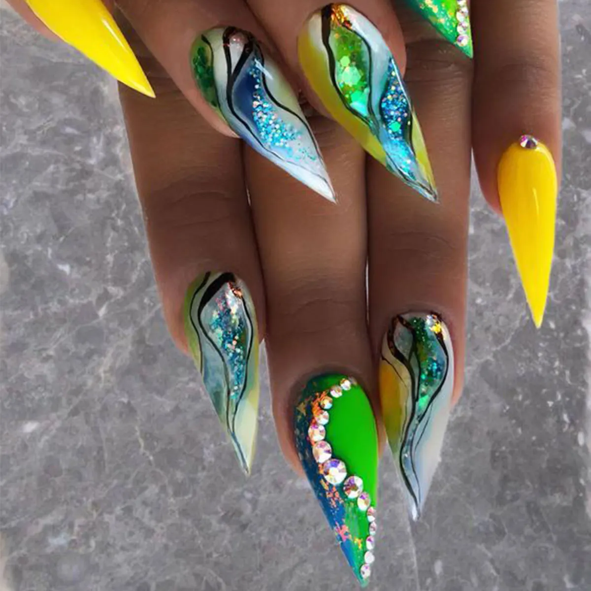 Bling Glitter Stick on False Nails with Rhinestone Press on Nails Long ...