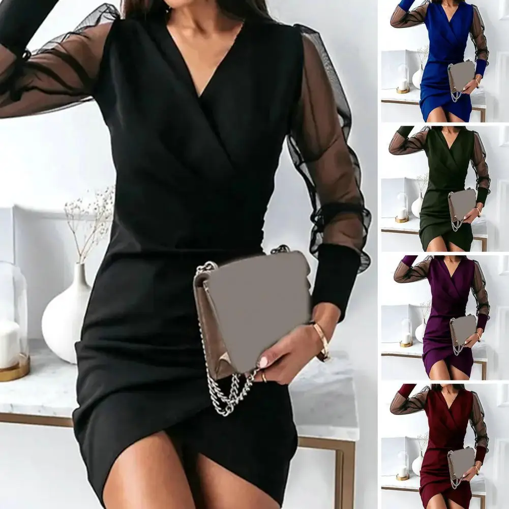 See Through Mesh Women Prom Dress V Neck Ruched Solid Color Lady Dress