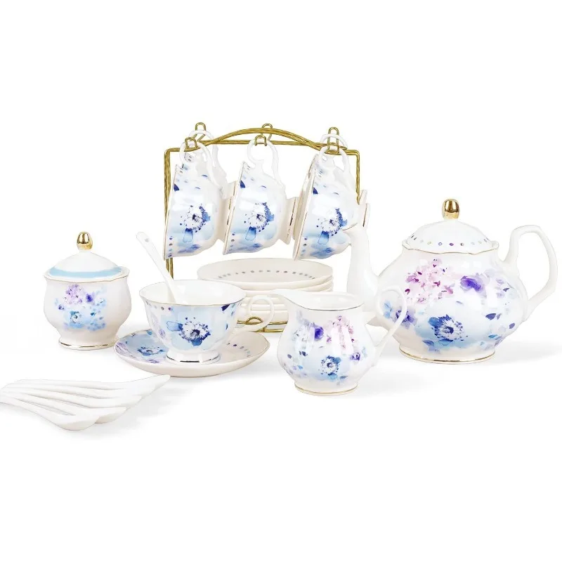 Floral-Porcelain-Tea-Set-Elegant-Blue-Coffee-Set-Modern-Tea-Service-for ...