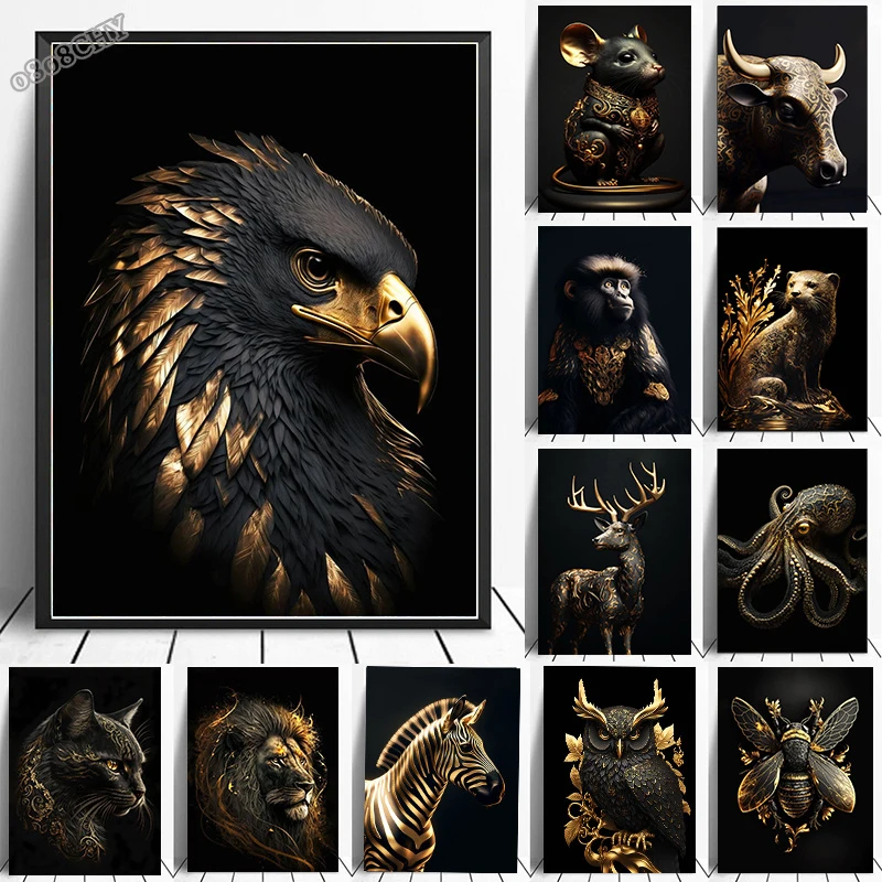 Black-and-Gold-Animals-Canvas-Painting-Black-Gold-Eagle-Zebra-Lion ...