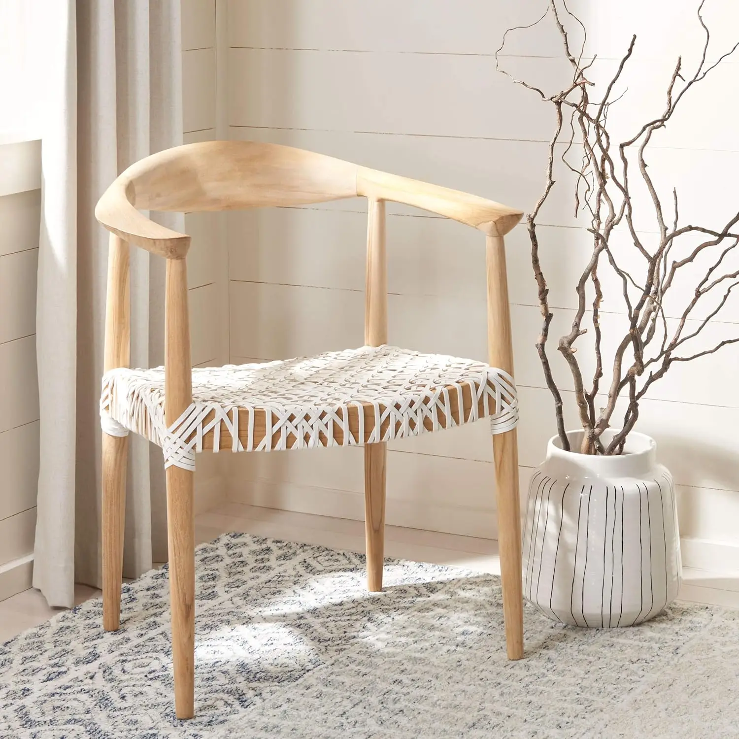 Light-Oak-Teak-Wood-Arm-Chair-with-Bonded-Leather-Webbed-Seat-Spindle ...